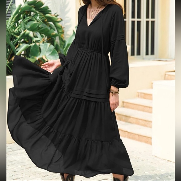 Dresses | Boho Ruffle Hem Pleated Detail Long Sleeve Maxi Dress | Poshmark